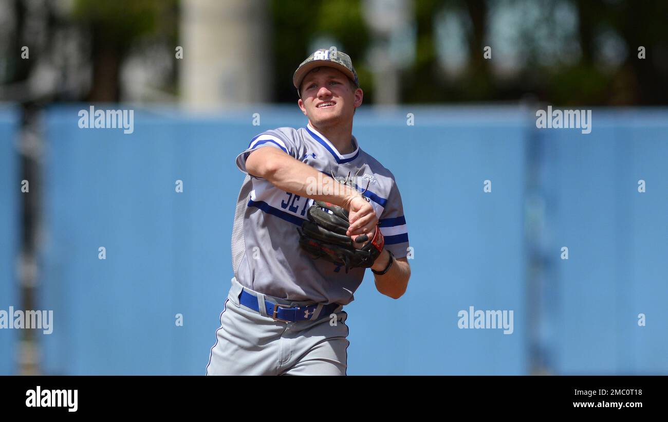 Seton Hall's Zack Sylvester (4) fires to first during an NCAA baseball ...