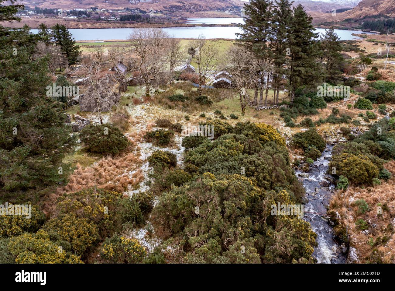 Aerial view of the Dunlewy Ghost Town in County Donegal - Ireland Stock ...
