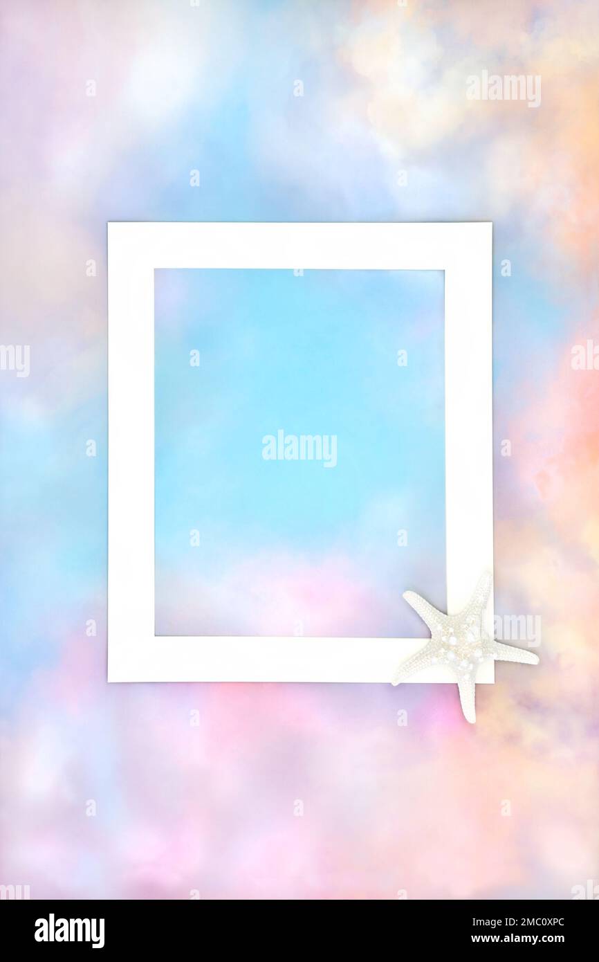 Rainbow sky cloud summer background with starfish sea shell on white ...