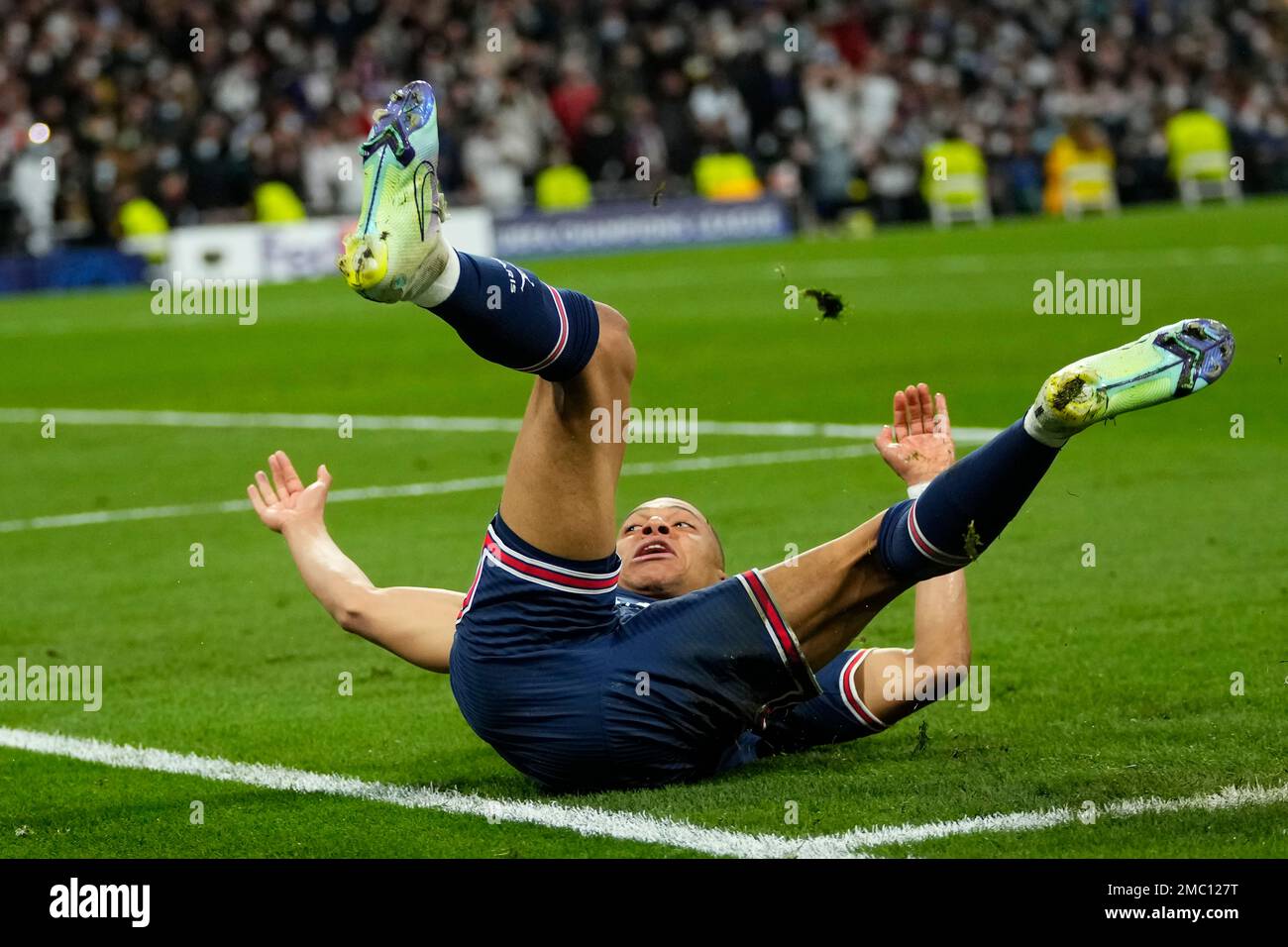 PSG's Kylian Mbappe falls during the Champions League, round of 16 ...