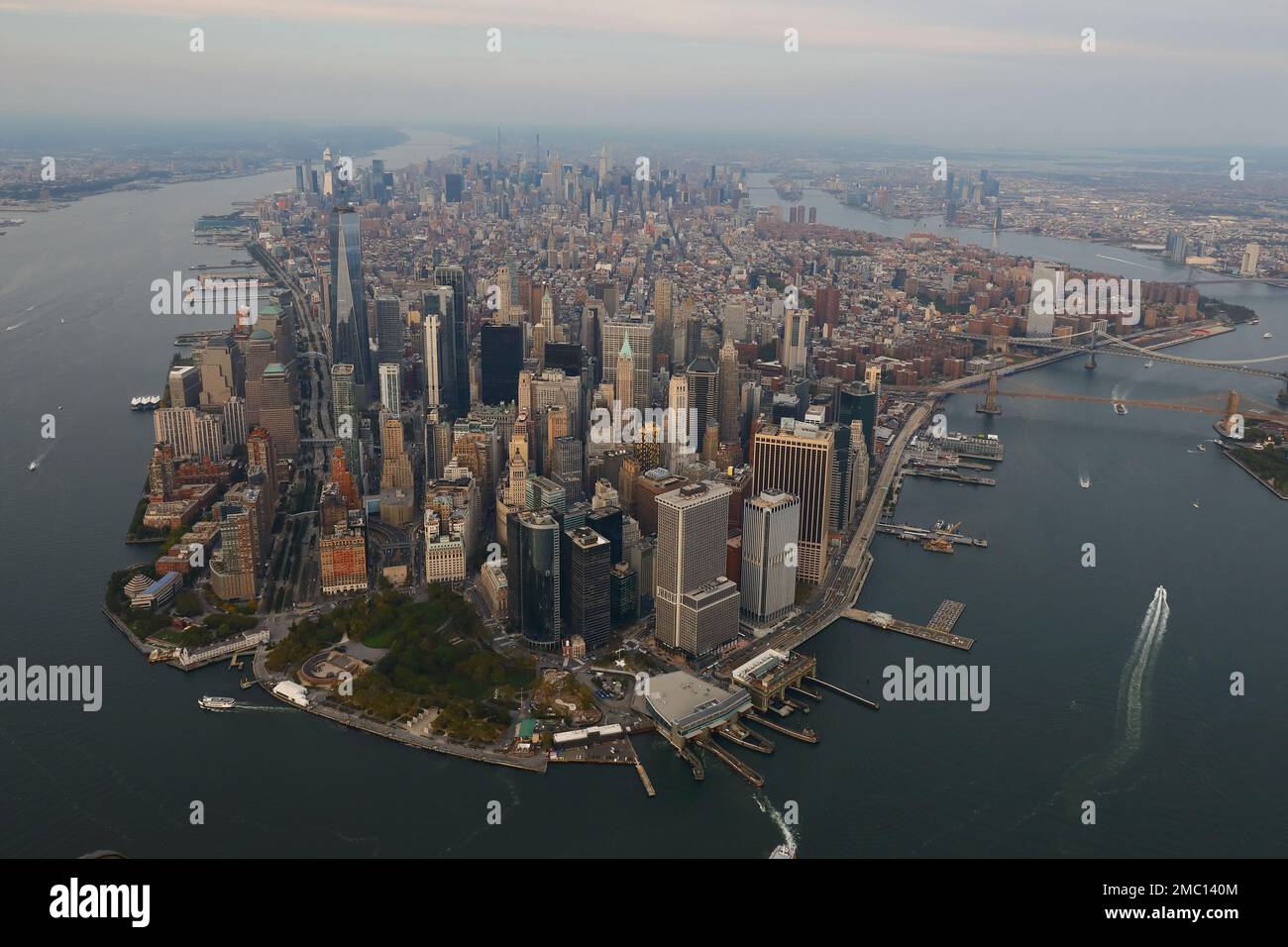 A drone view of the cityscape of New York City with many historical ...