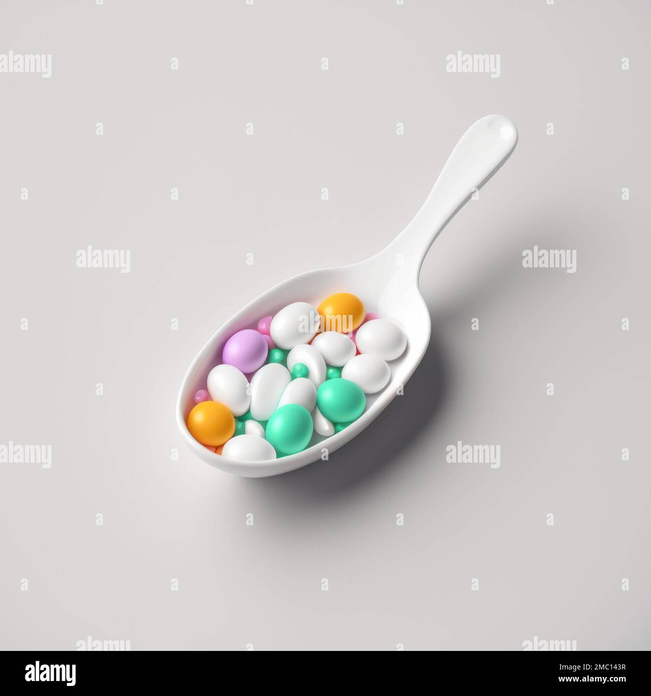 Medicine tablet and capsule in white spoon on white copy space ...