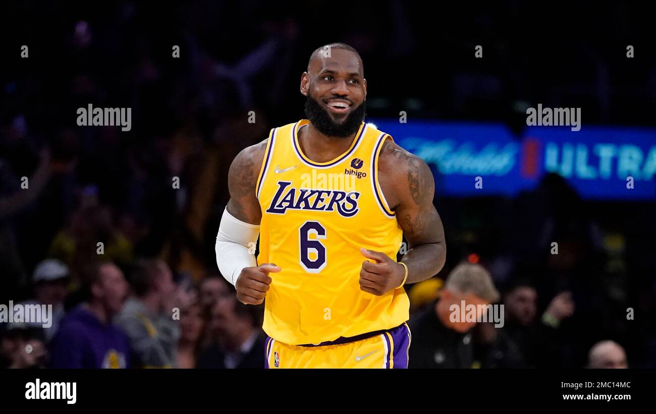 Los Angeles Lakers forward LeBron James (6) smiles during the first ...