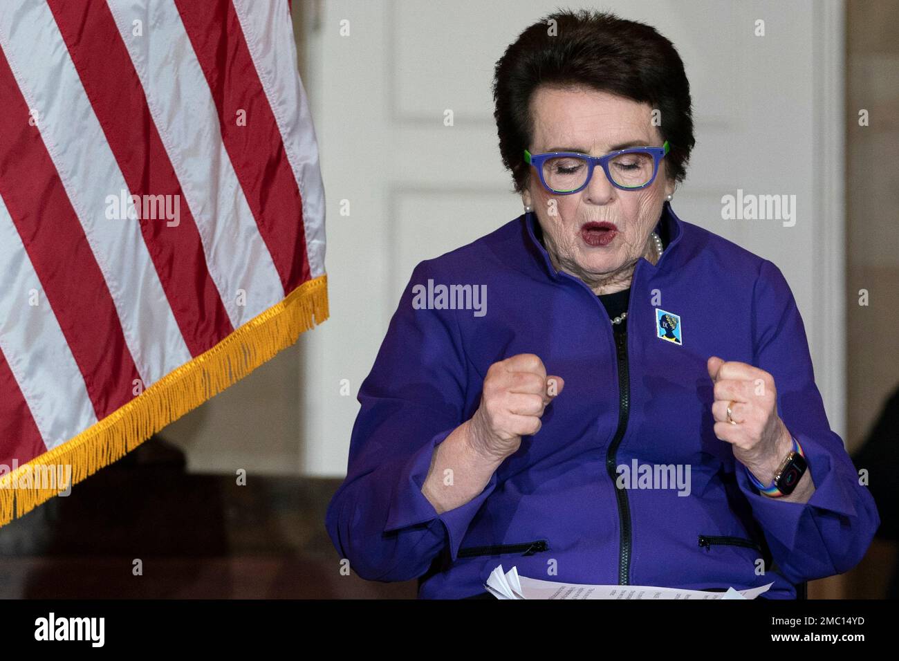 Tennis legend and equality rights advocate Billie Jean King, reacts ...