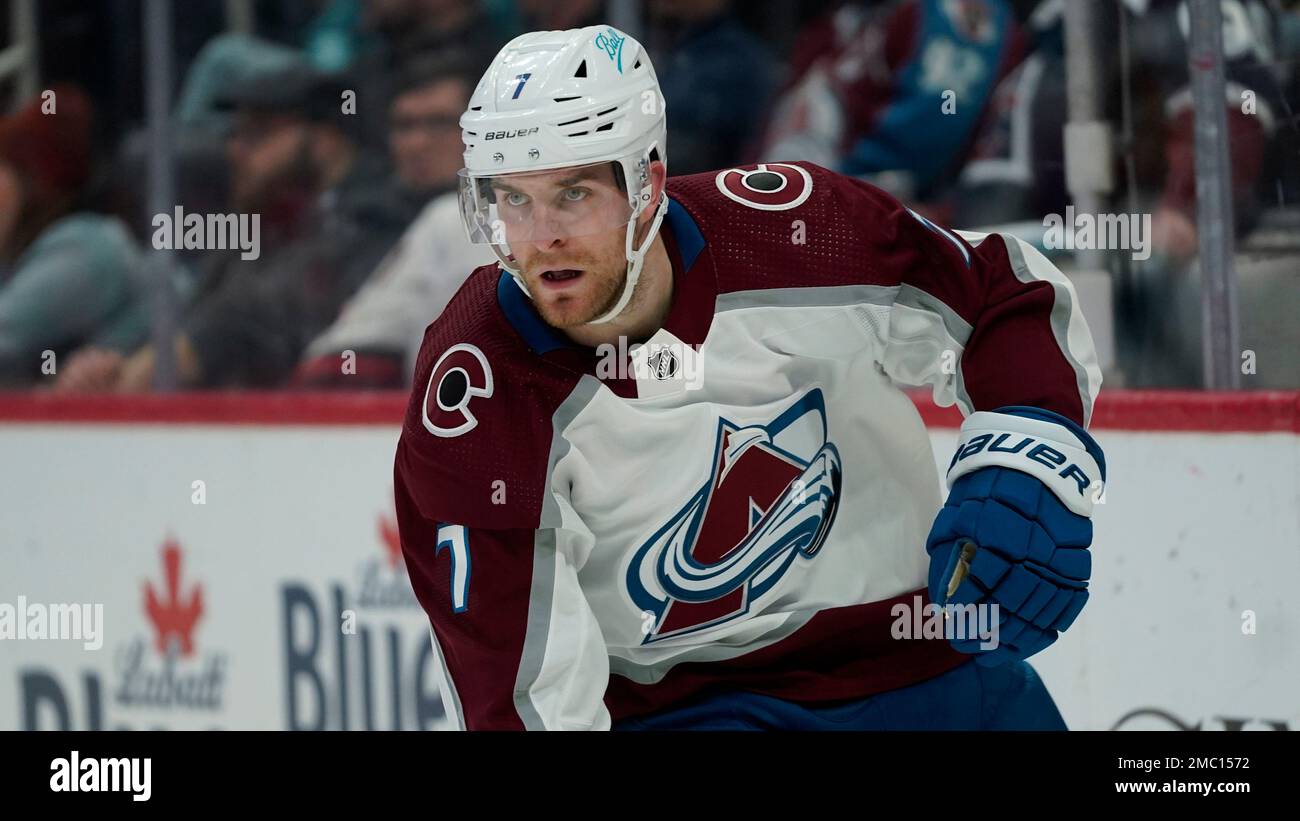Colorado Avalanche defenseman Devon Toews plays against the Detroit Red ...