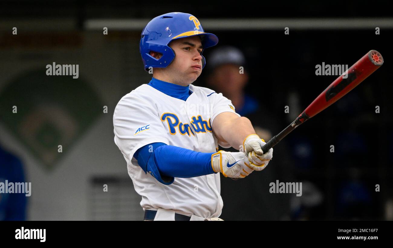 Pittsburgh player Kyle Hess competes in an NCAA baseball game against ...