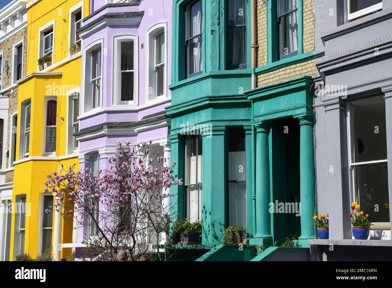 Colourful house facades on Lancaster Road, detail, Notting Hill, London ...
