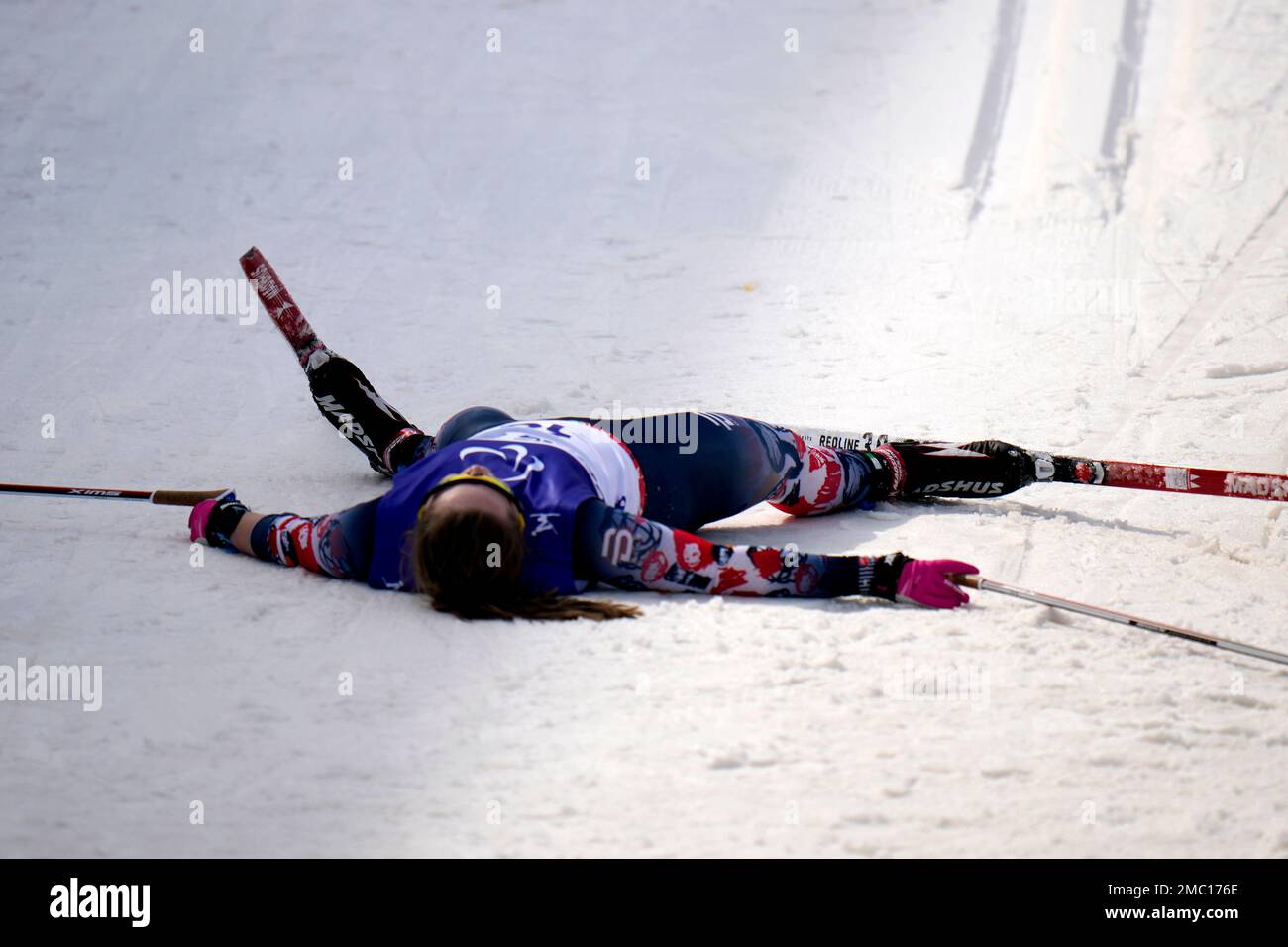 Vilde Nilsen of Norway collapses after the women's sprint free ...