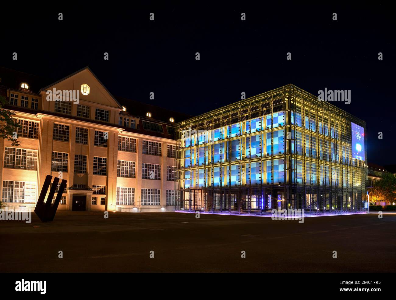 Centre for Art and Media (ZKM) by night, Platz der Menschenrechte ...