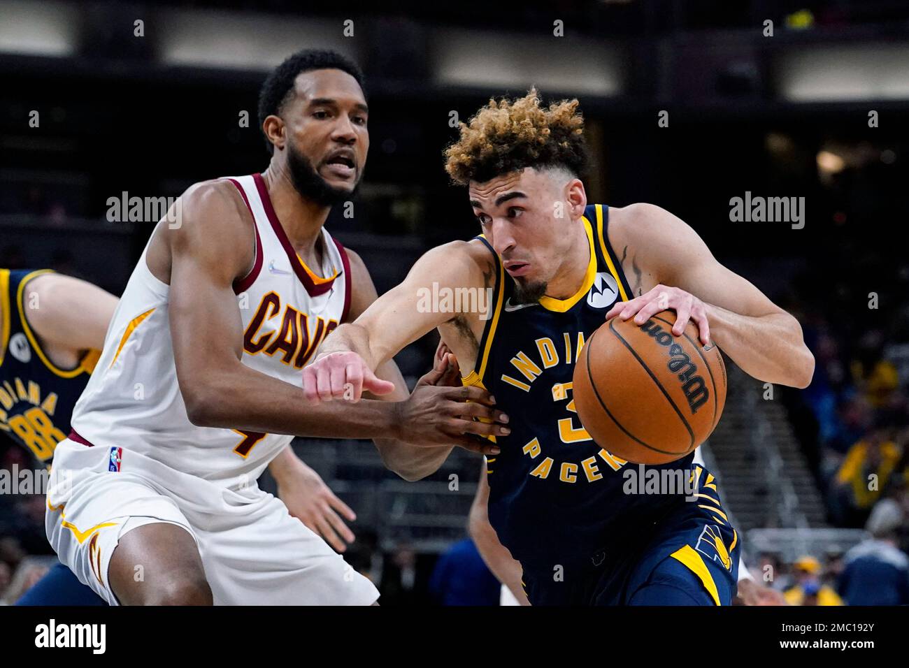 Indiana Pacers guard Chris Duarte (3) drives on Cleveland Cavaliers ...