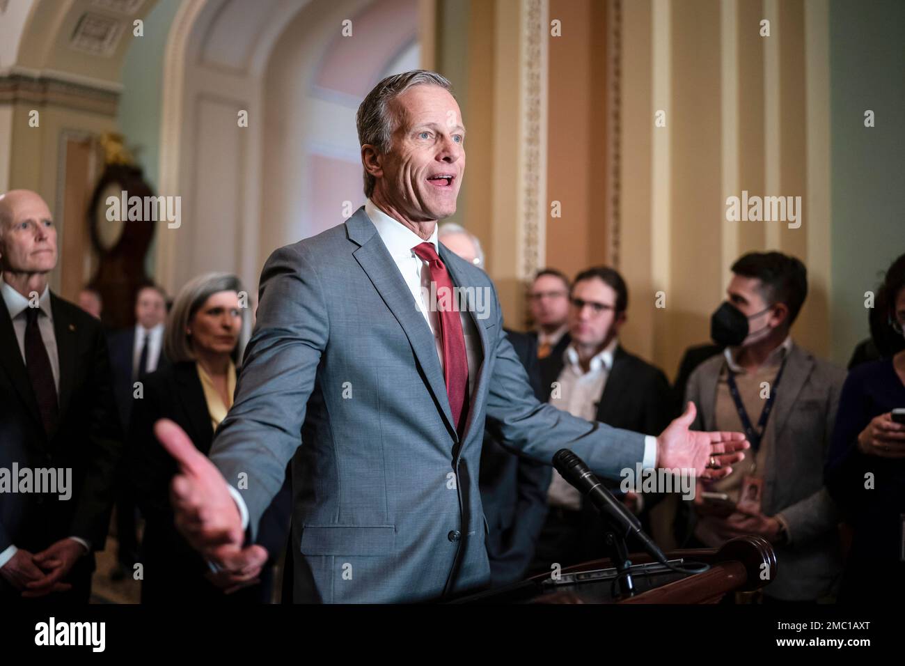 Senate Minority Whip John Thune, R-S.D., speaks to reporters after a ...
