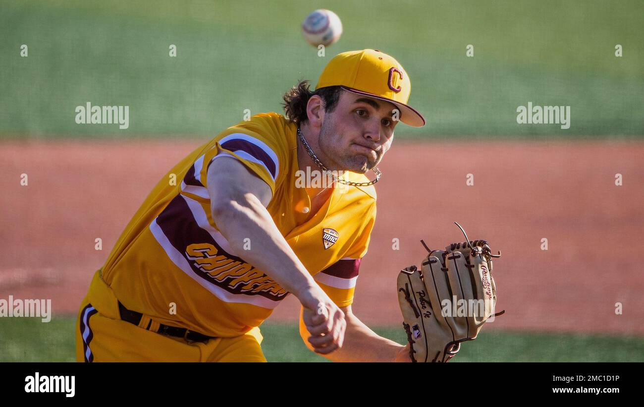 Central Michigan pitcher Michael Conte delivers a pitch during an NCAA baseball game between ...