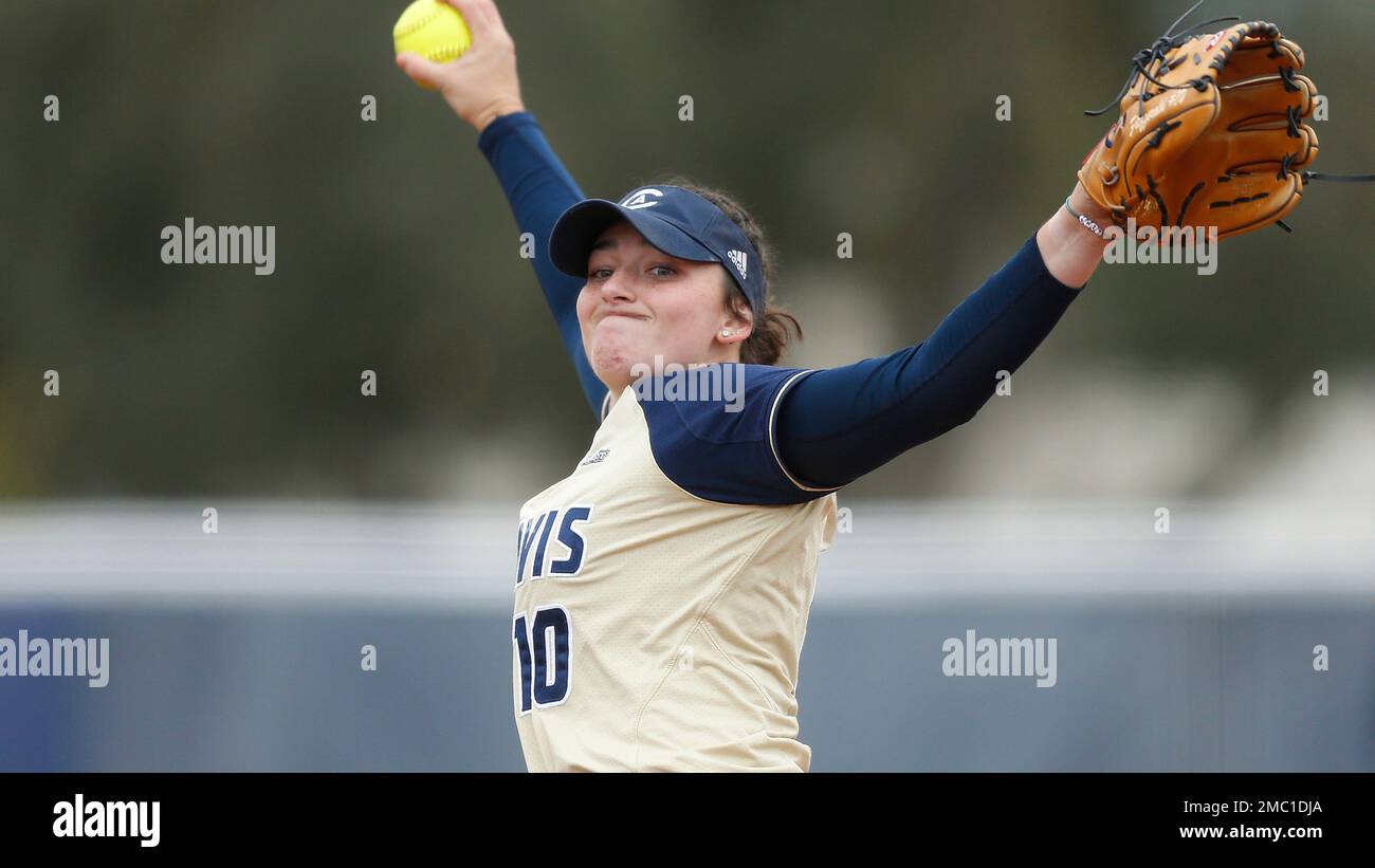 Taylor Fitzgerald of UC Davis pitches against Dixie State during an ...