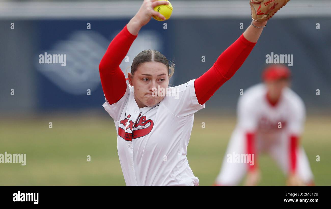 Tyler Denhart of Dixie State pitches against UC Davis during an NCAA ...
