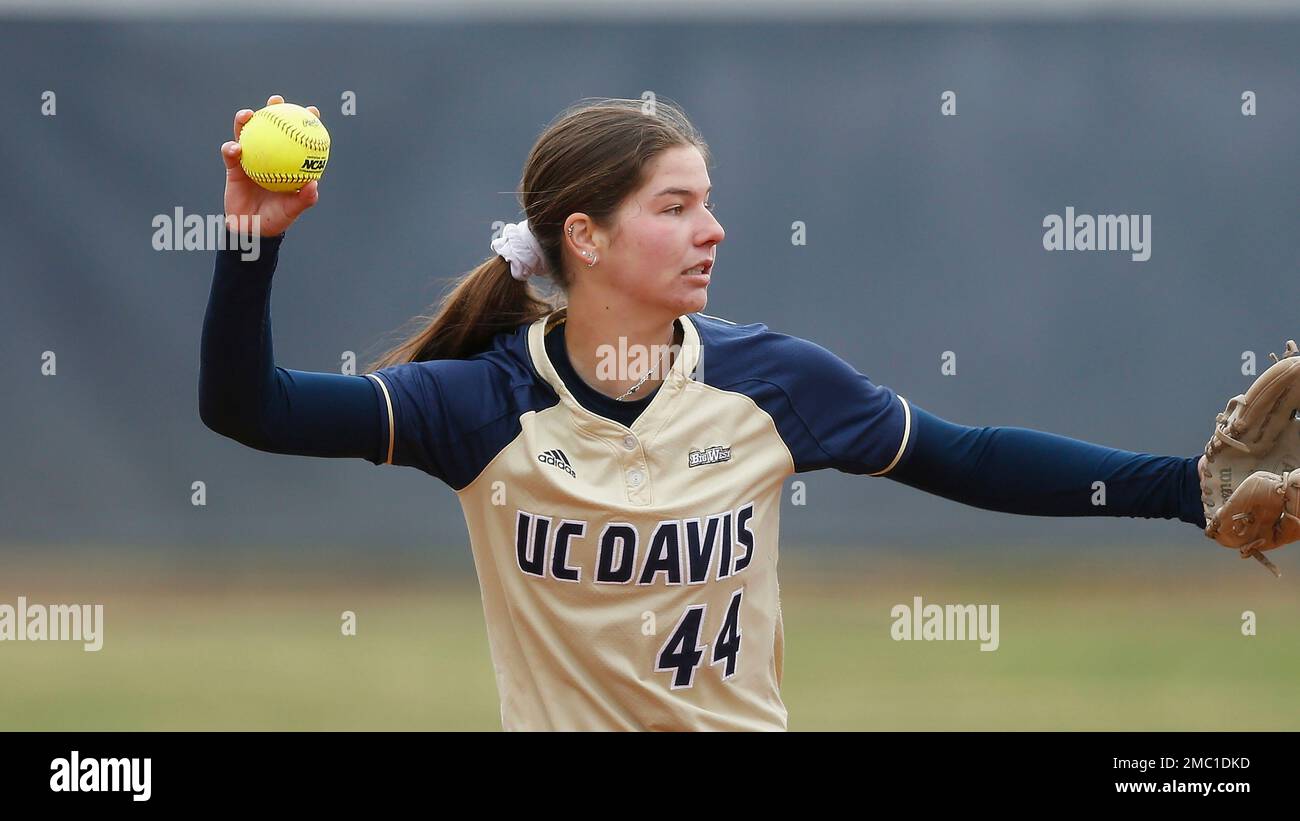 Libbie McMahan of UC Davis fields the ball against Dixie State during ...