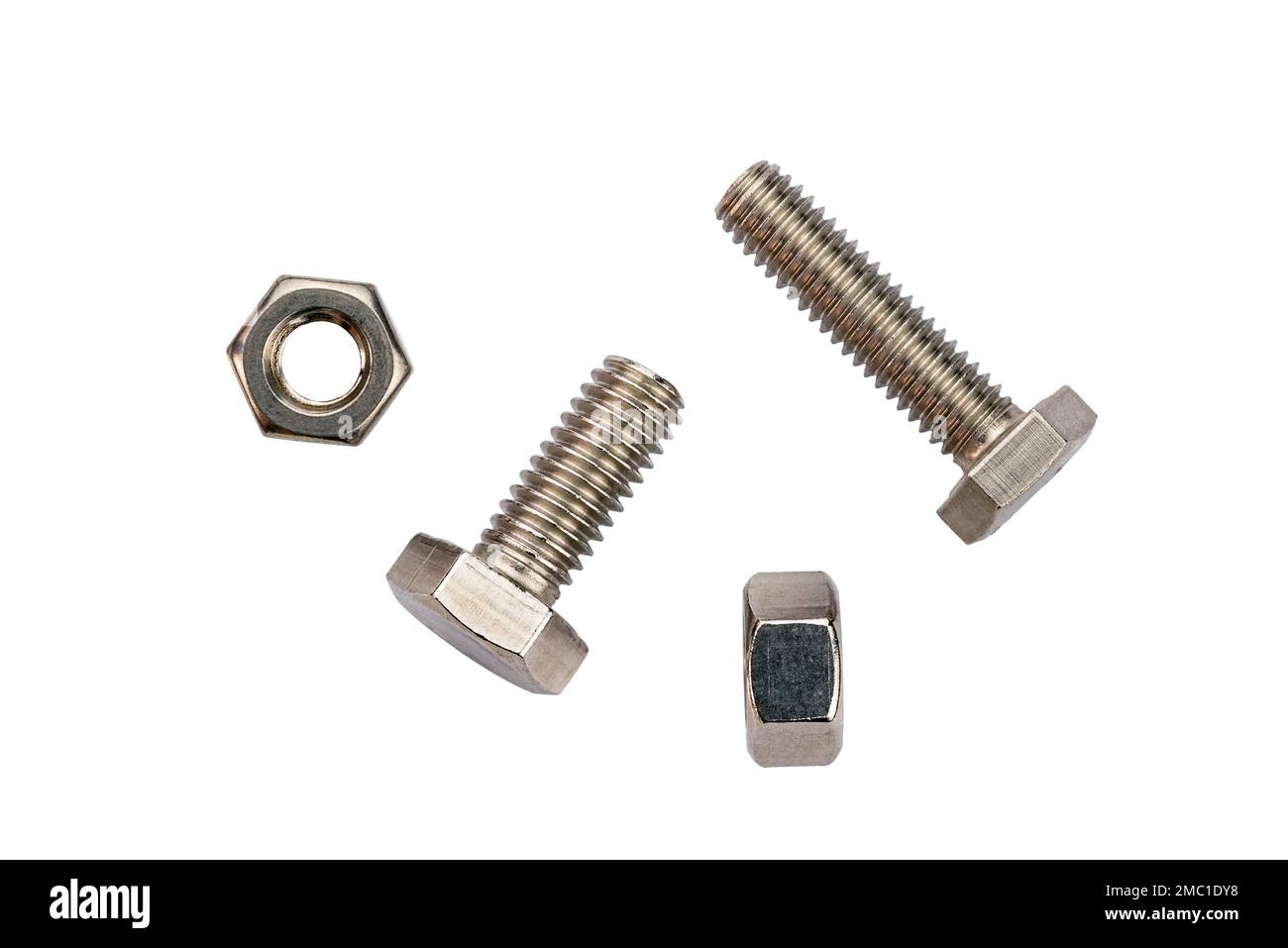 Top view of stainless steel screws and nuts isolated on white ...