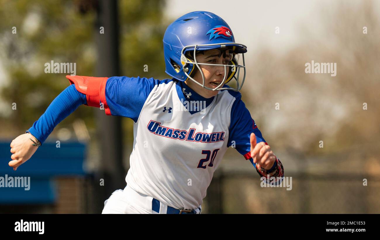 UMass Lowell utility player Tori Mueller (20) runs to first base during ...