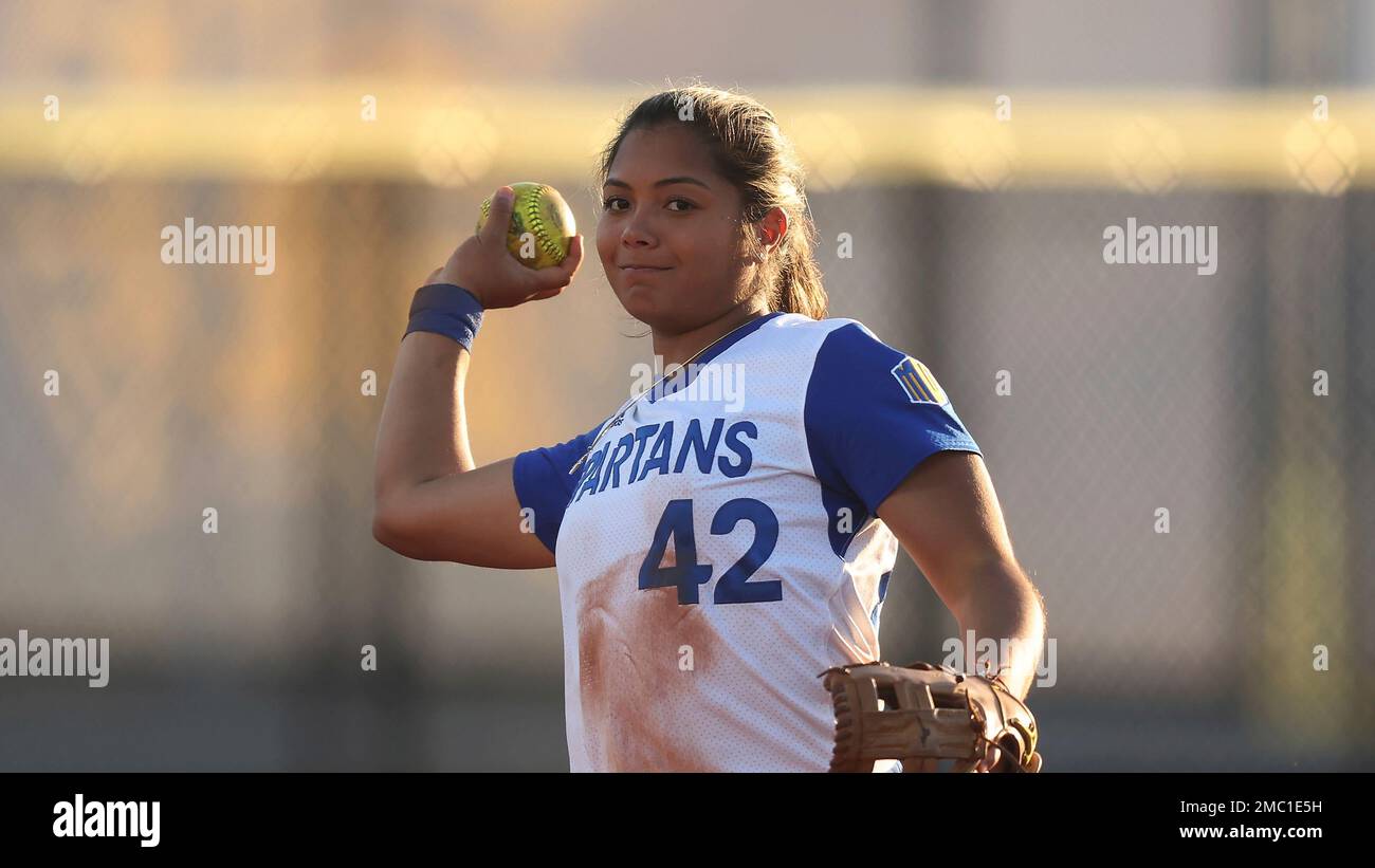 Alyssa Graham of San Jose State fields the ball against Cal Poly during ...