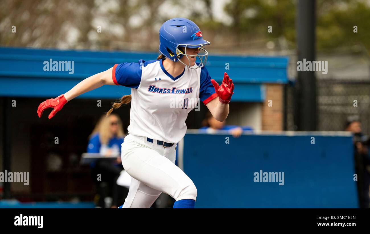 UMass Lowell infielder Morgan Fisher (8) runs to first base during an ...