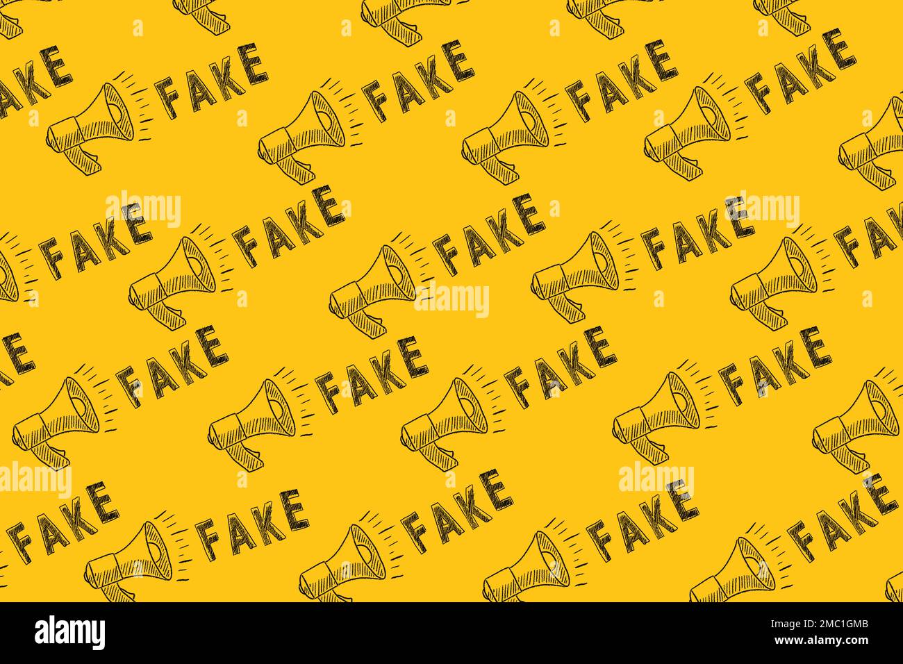 Pattern from megaphone icons and lettering FAKE drawn on yellow ...