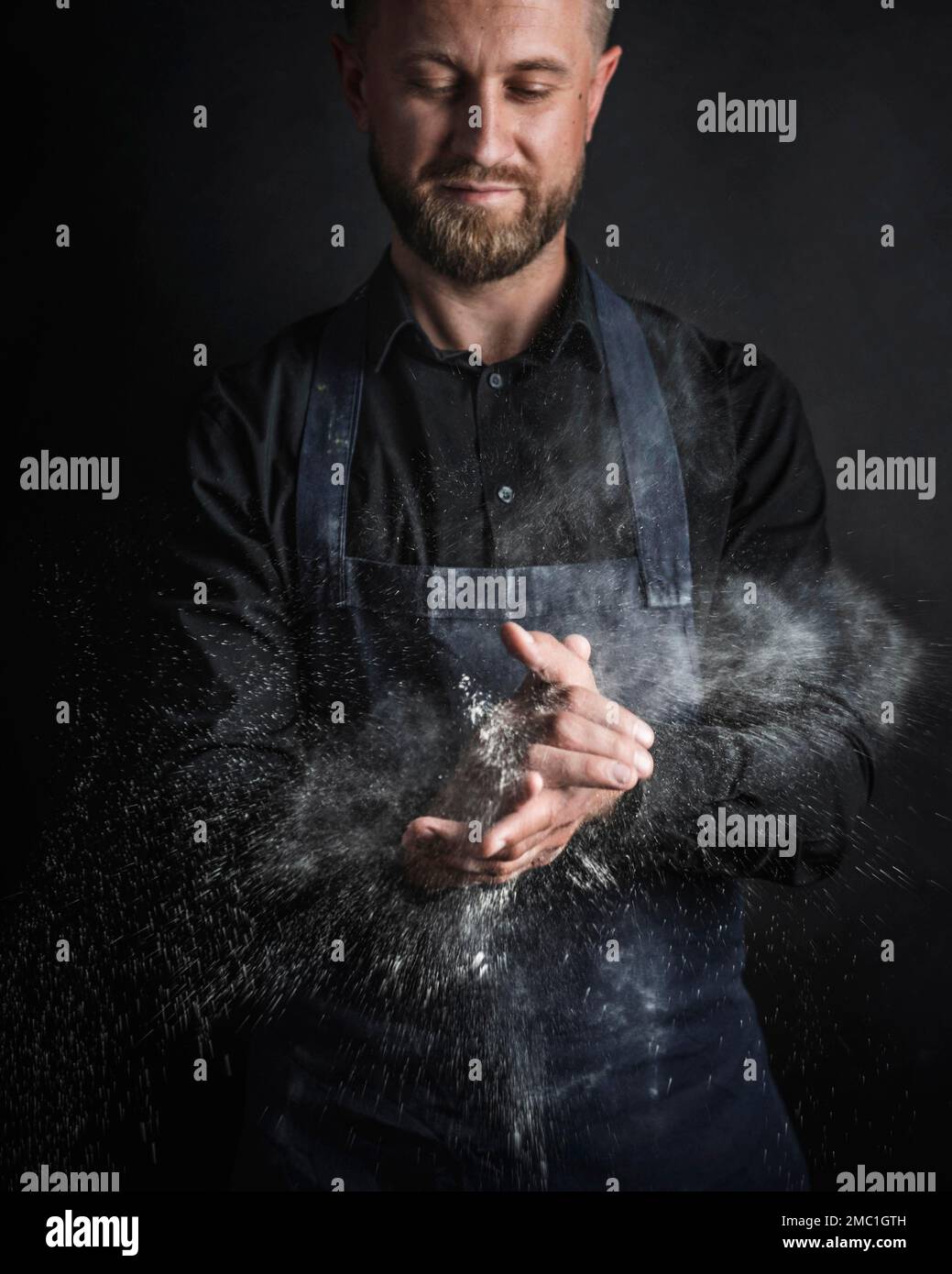 Front view man with flour from bread his hands Stock Photo - Alamy