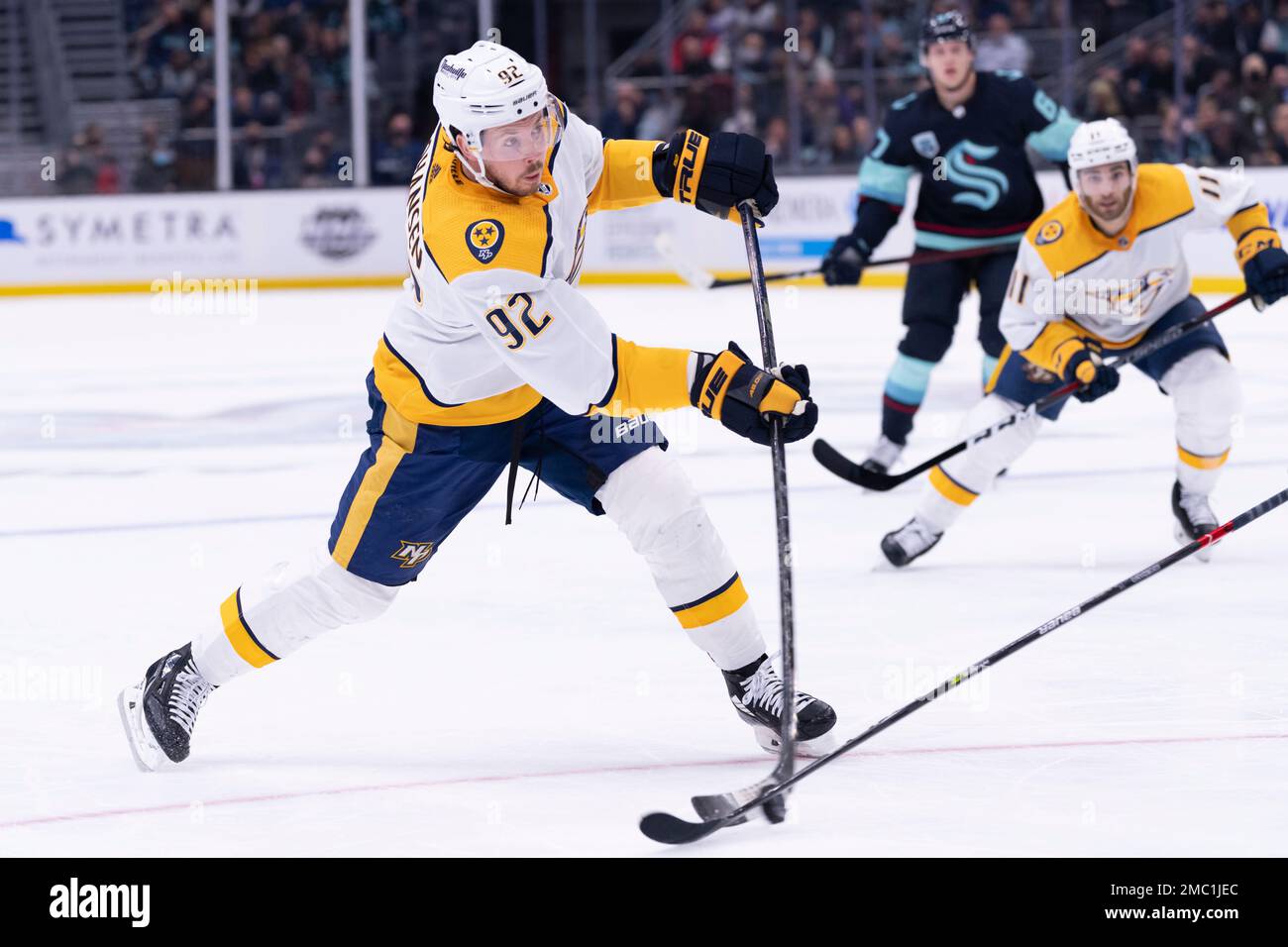 Nashville Predators forward Ryan Johansen takes a shot during an NHL ...