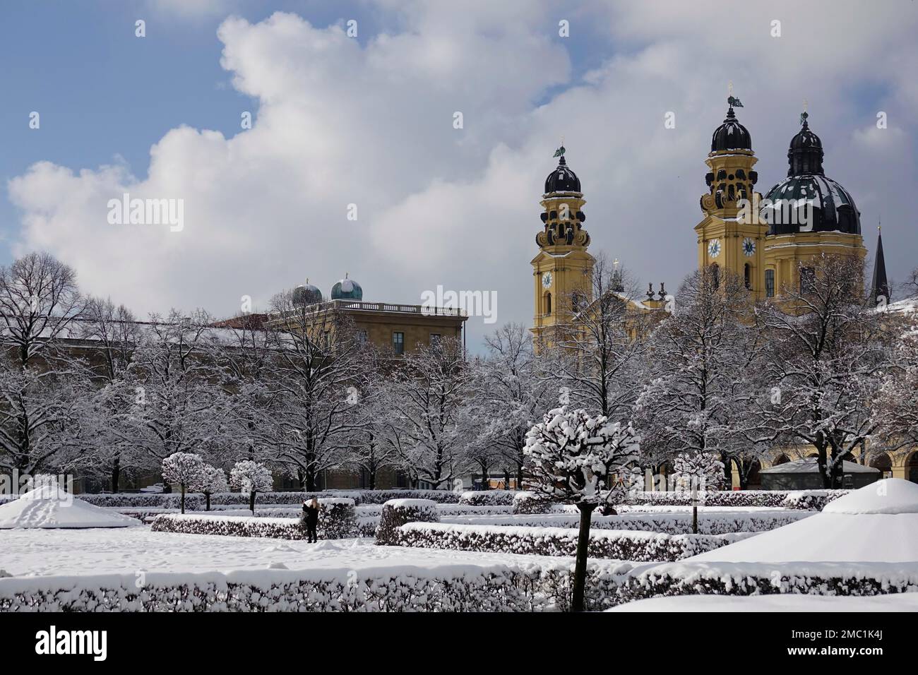 Court Garden with Residence and Theatine Church, snow-covered in winter ...