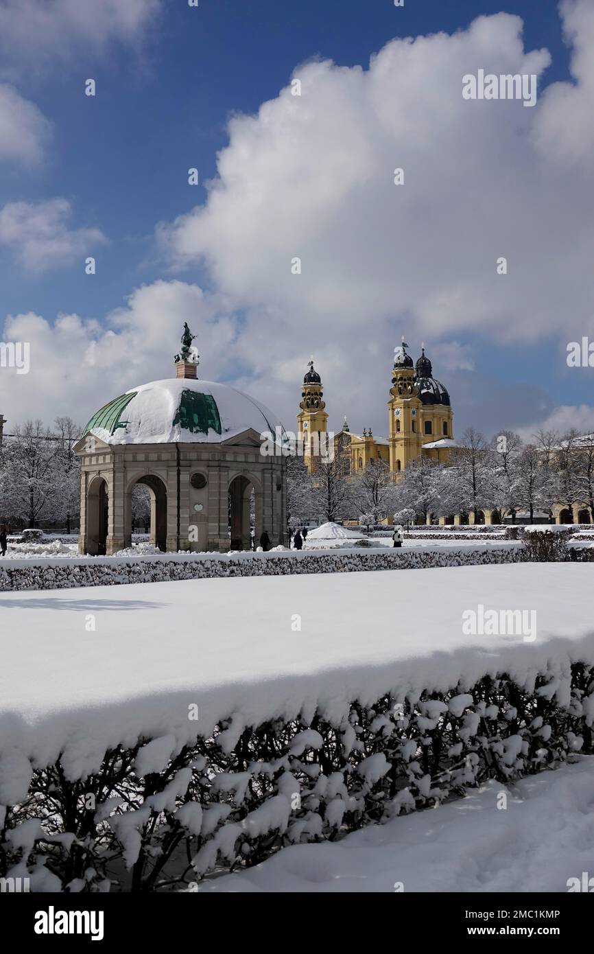 Courtyard garden with Diana Temple, Theatine Church in the back, snow ...