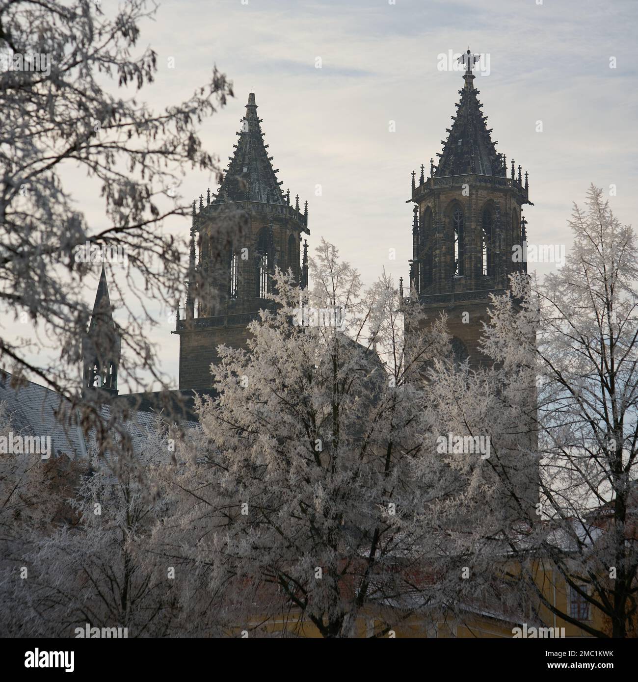 View of Magdeburg Cathedral, the landmark of the city on the Elbe River ...