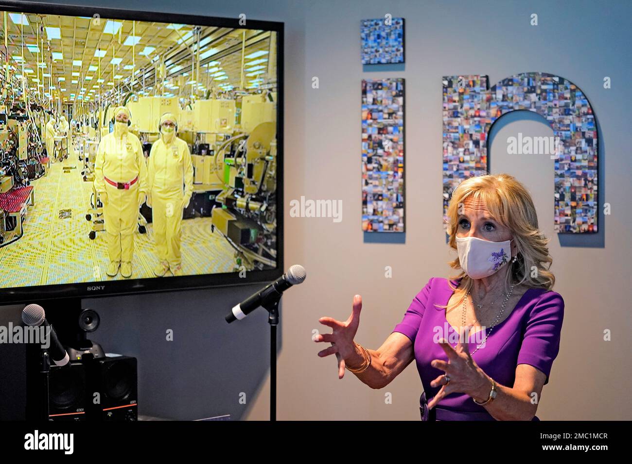 First lady Jill Biden speaks with employees while taking a virtual tour ...