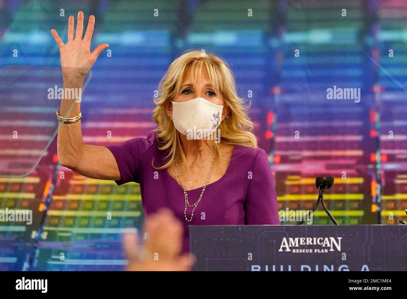 First lady Jill Biden waves after her speech at an Intel facility ...