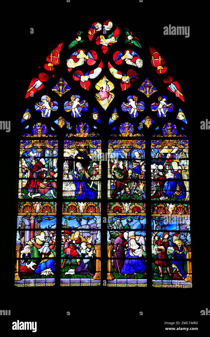 Leaded glass window Birth of Jesus in the Collegiate Church of Notre ...