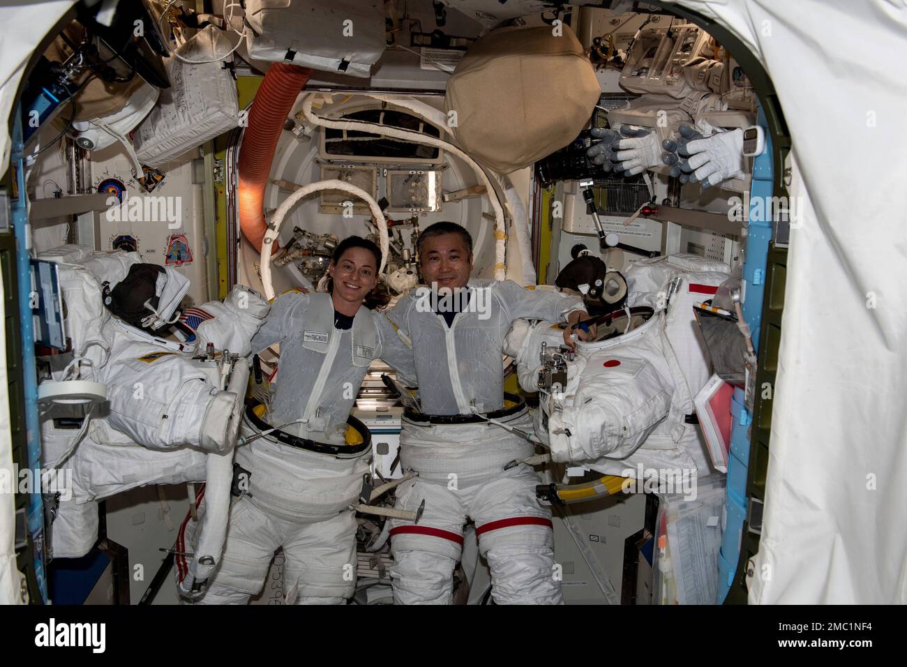 Expedition 68 Flight Engineers Nicole Mann of NASA and Koichi Wakata of the Japan Aerospace ...