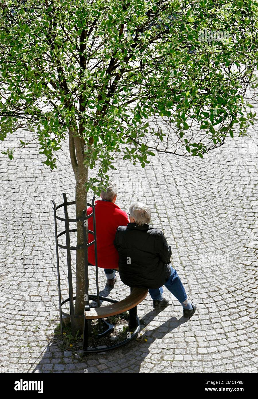Two friends sitting under a tree at a square Stock Photo - Alamy