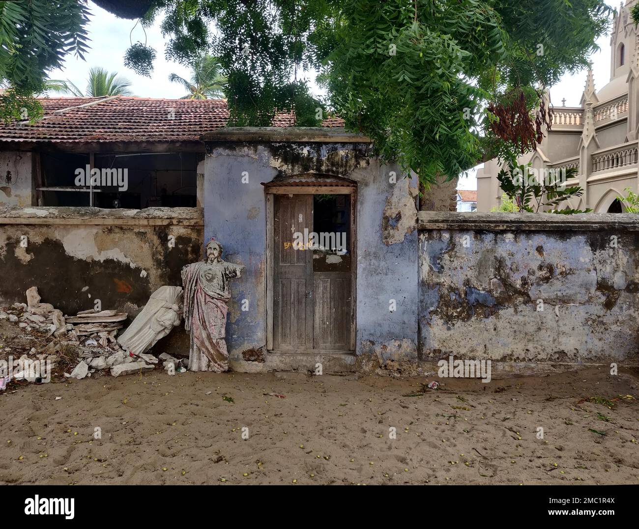 Traditional house structure with destroyed sculptures, Manapad, Tamil ...