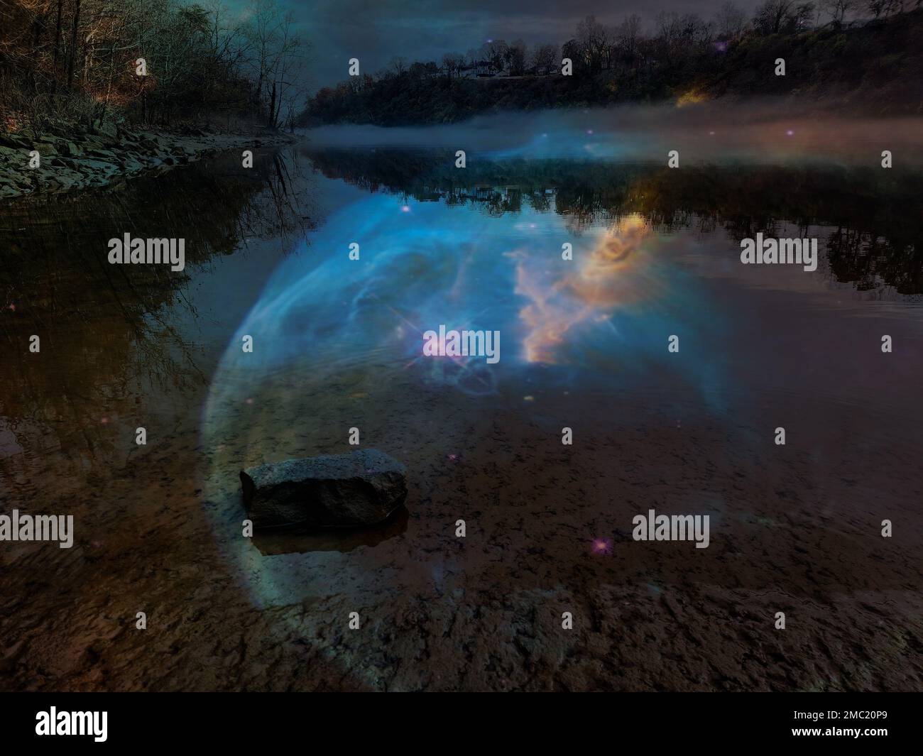 An abstract night fantasy lights of the sky reflected on the surface of ...