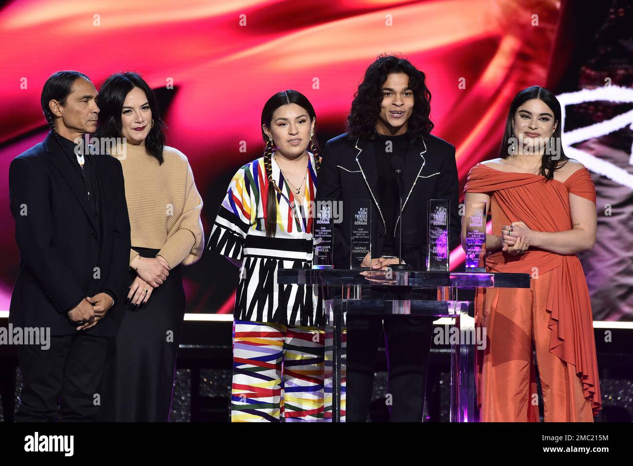 Zahn McClarnon, from left, Sarah Podemski, Paulina Alexis, D'Pharaoh ...