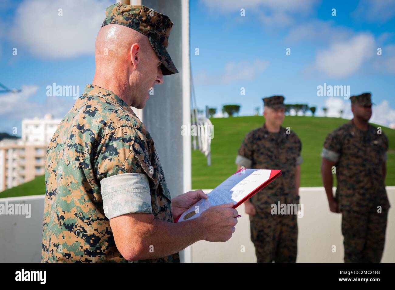 U.S. Marine Corps Sgt. Maj. Brian R. Drechsler reads Sgt. Maj. Joy M ...