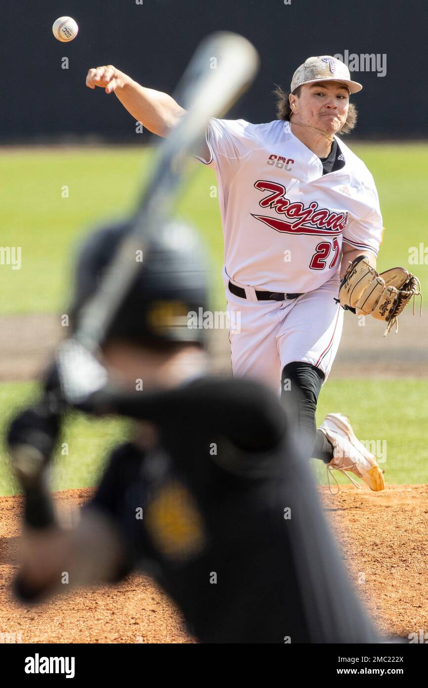 Troy pitcher Grayson Stewart (27) pitches during an NCAA baseball game ...