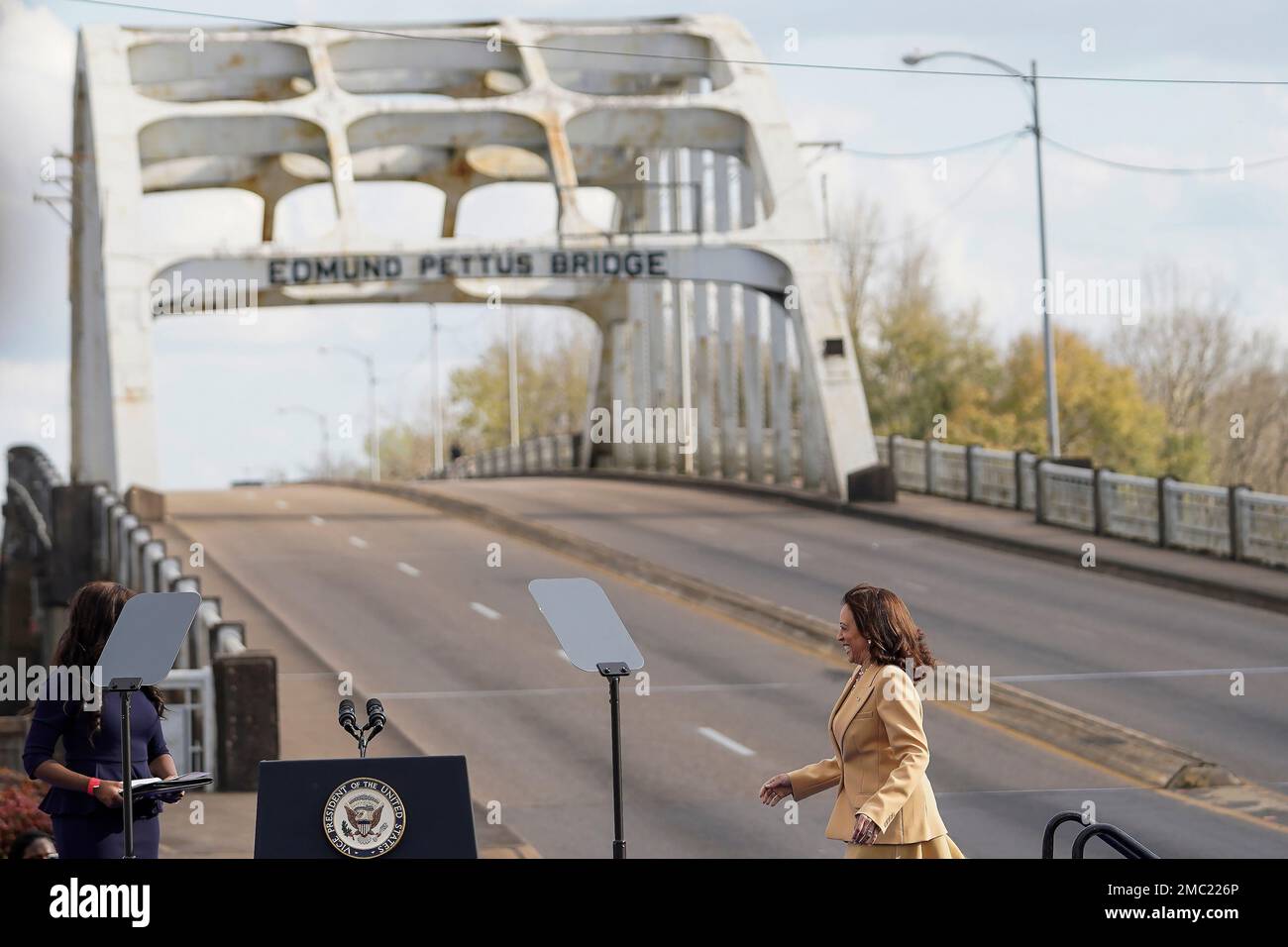 Vice President Kamala Harris arrives before speaking near the Edmund ...