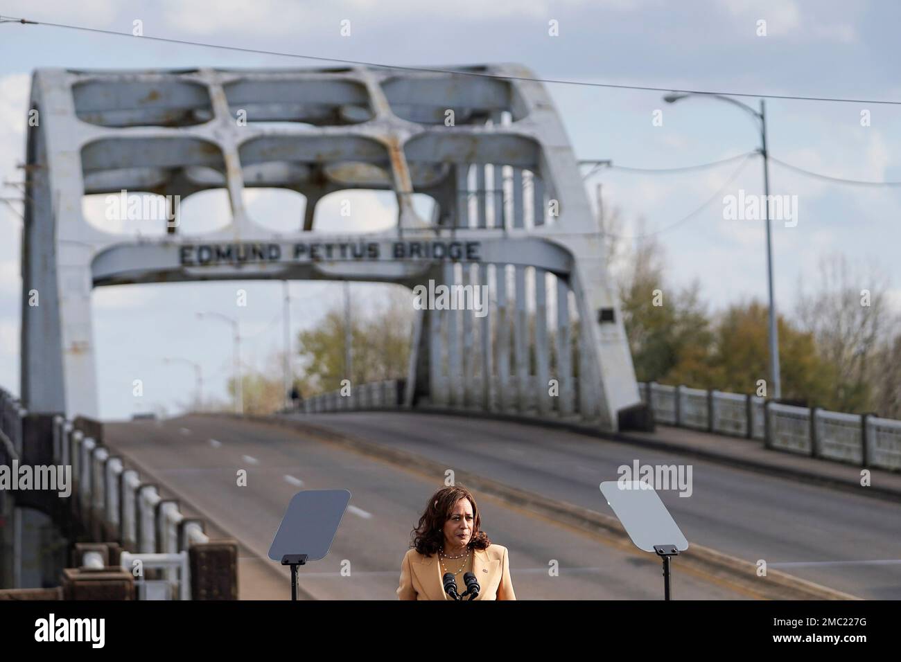 Vice President Kamala Harris speaks near the Edmund Pettus Bridge in ...