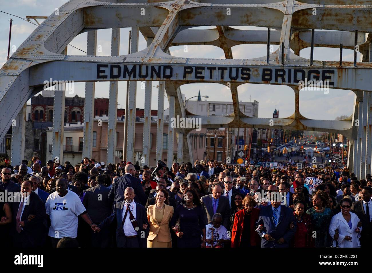 Vice President Kamala Harris marches on the Edmund Pettus Bridge after ...
