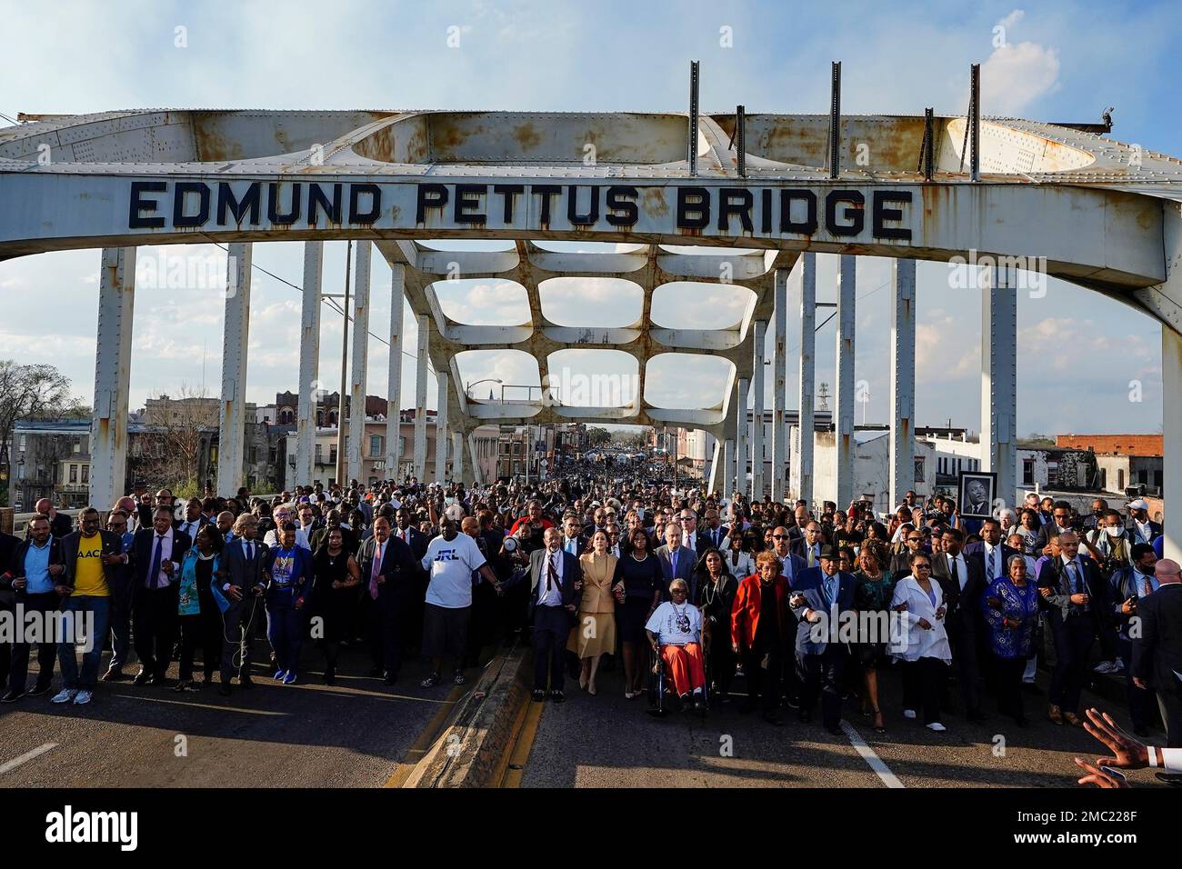 Vice President Kamala Harris marches on the Edmund Pettus Bridge after ...