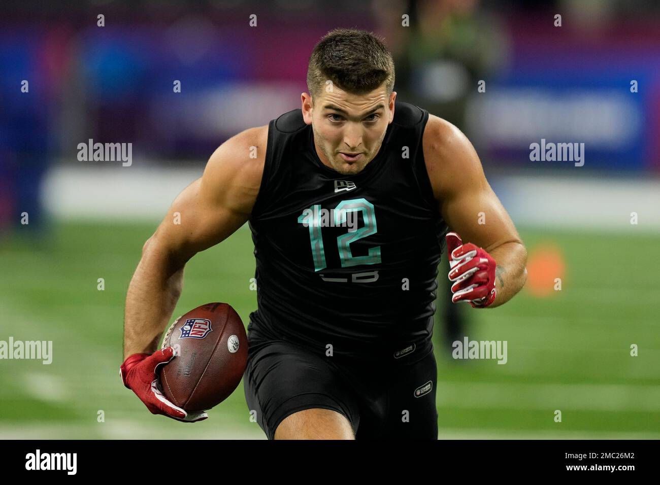 Nebraska linebacker Jojo Domann runs a drill at the NFL football ...