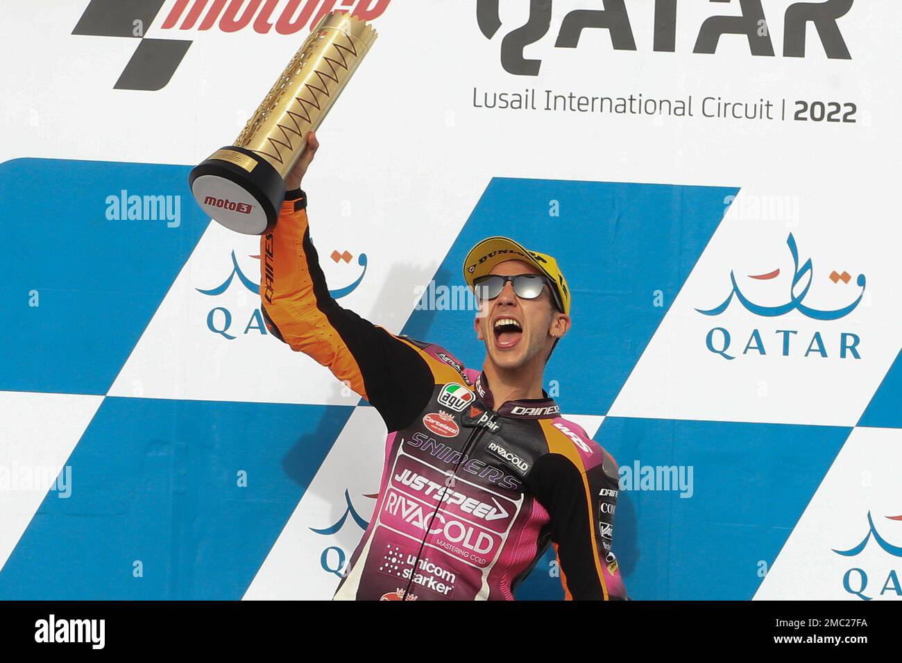 Italian rider Andrea Migno of the Rivacold Snipers Team celebrates ...
