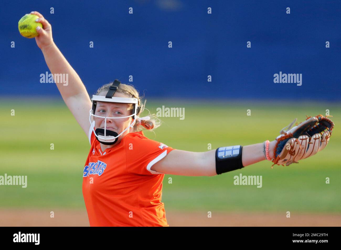 Houston Baptist pitcher Katy Janes (20) throws against Prairie View A&M ...
