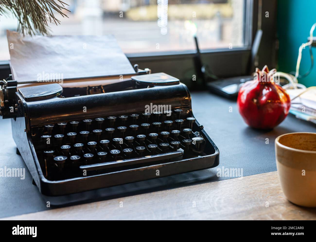 Vintage old typewriter, type machine on desk in cafe. High quality ...