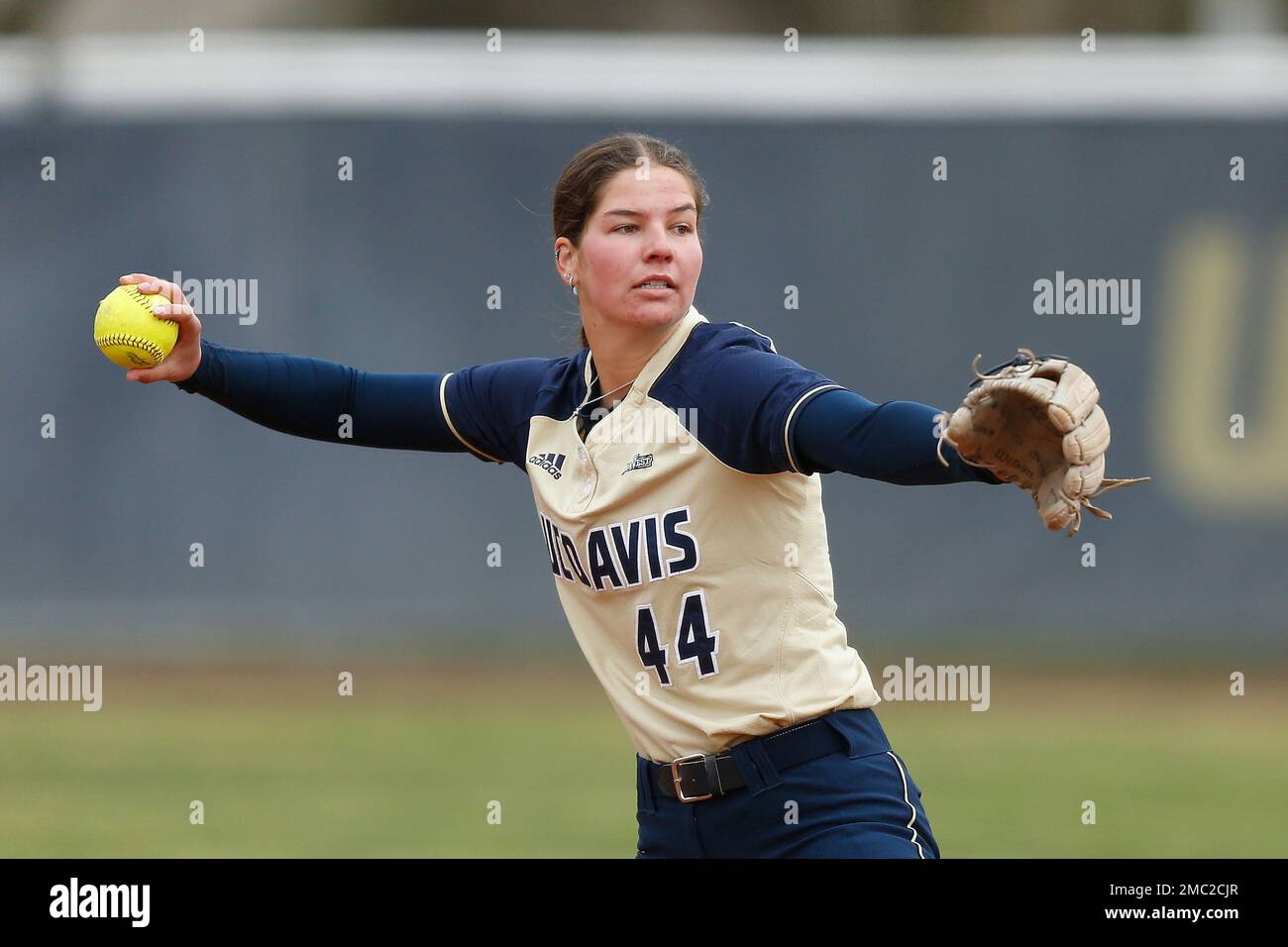 Libbie McMahan of UC Davis fields the ball against Dixie State during ...