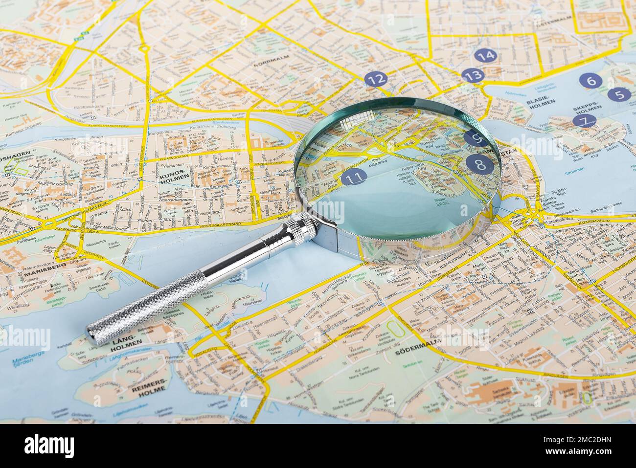 Magnifying glass, lens on map. Searching location, geography concept ...