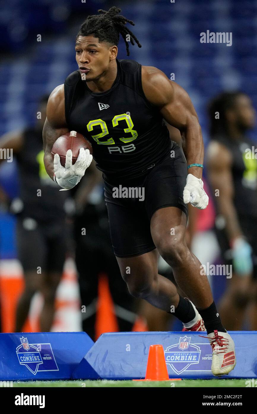 Rutgers running back Isiah Pacheco participates in a drill at the NFL ...